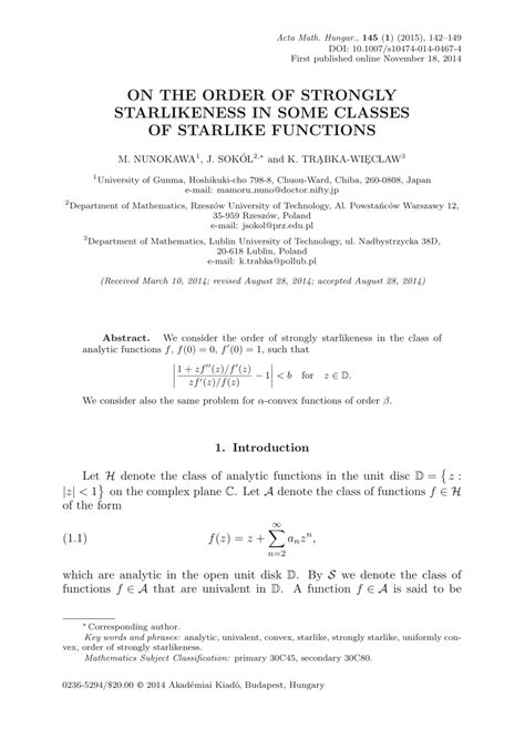 Pdf On The Order Of Strongly Starlikeness In Some Classes Of Starlike