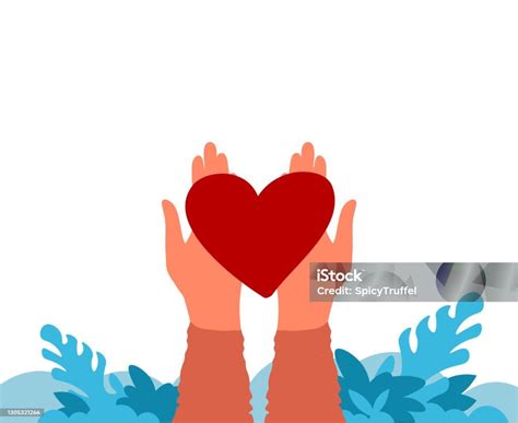 손을 잡고 심장을 잡고 있습니다 자선 및 기부 개념 자원 봉사 및 자선 배너 사랑이나 삶의 붉은 상징을 주는 만화 팔 도움이 필요도와 복사 공간이 있는 벡터 그림 개념에