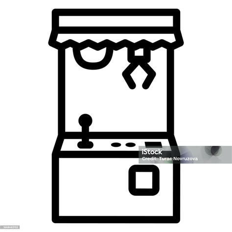 장난감 기계 라인 아이콘 놀이기구 개념 흰색 배경에 크레인 기계 사인 개요 스타일의 모바일 개념 웹 디자인에 장난감 아이콘이 있는 크레인 게임기 벡터 그래픽 외형선에 대한