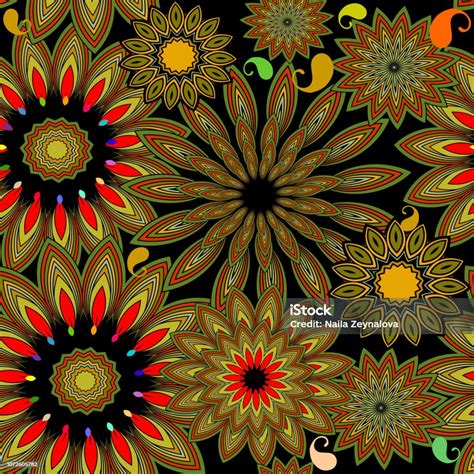다채로운 민족 집시 스타일 꽃 페이 즐 리 완벽 한 패턴입니다 벡터 밝은 장식 잡 색 배경 다 색 반복 패턴 봄 여름 배경 컬러 우아함 페이 즐 리 꽃 만다라입니다 0명에