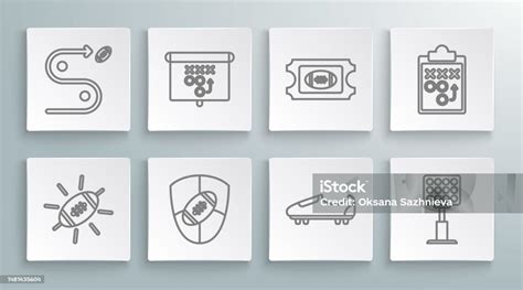 세트 라인 미식 축구 공 계획 전략 개념 및 방패 스파이크가있는 축구 또는 축구화 밝은 경기장 조명 티켓 및 아이콘 벡터 Championship에 대한 스톡 벡터 아트 및