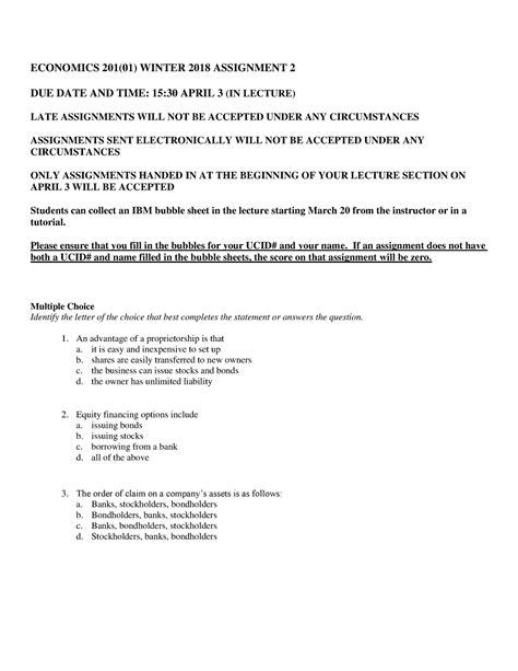 Assignment 2 Econ 201 Economics 20101 Winter 2018 Assignment 2 Due