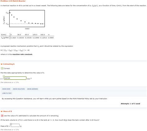 Solved Problem Batch Reactor A Chemical Reaction A B Is Chegg Com