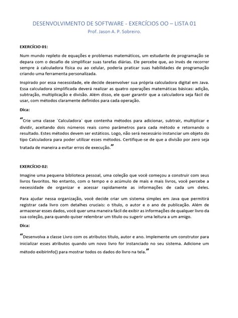 Desenvolvimento De Software Exercícios Oo Lista 01 Pdf Classe Programação De