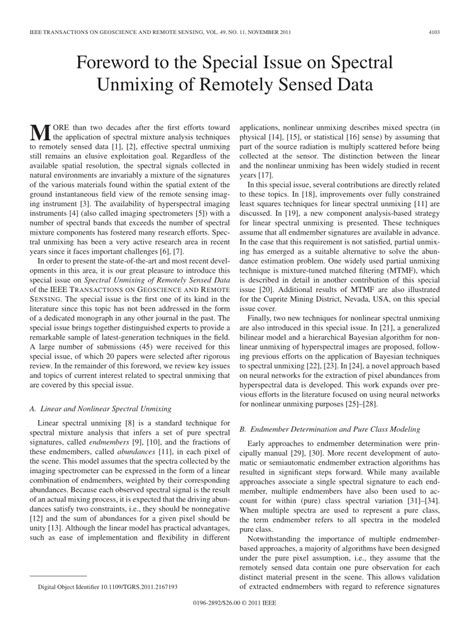 Pdf Foreword To The Special Issue On Spectral Unmixing Of Remotely