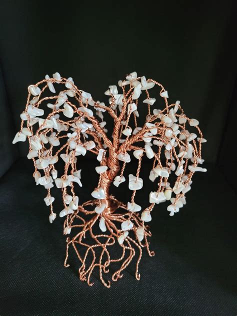 Copper Weeping Willow Wire Tree Sculpture Cream Quartz Crystals Bonsai Wire Sculpture Art