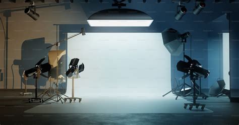 다양한 조명 장비가 있는 큰 빈 사진 스튜디오 배경입니다 3d 일러스트레이션 사진 Unsplash의 개념 이미지