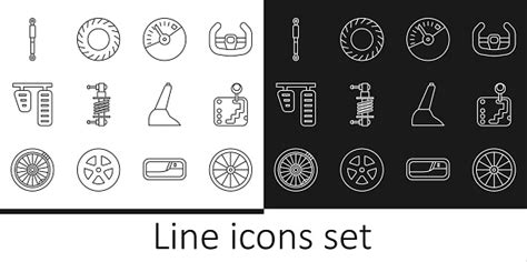 세트 라인 자동차 휠 기어 시프터 속도계 쇼크 업소버 가스 및 브레이크 페달 핸드 브레이크 및 타이어 아이콘 벡터 가장자리에 대한 스톡 벡터 아트 및 기타 이미지 Istock