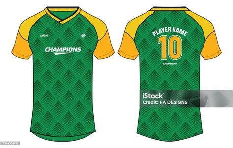 스포츠 저지 티셔츠 디자인 컨셉 벡터 템플릿 축구 크리켓 배구 럭비 배드민턴 유니폼 앞면과 후면 보기가 있는 기하학적 스트라이프