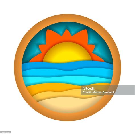 다층 여름 풍경입니다 여름 해변입니다 종이 아트 종이 컷 3d 종이 접기 스타일 광고 배너 전단지 포스터 전단지 등을 위해 흰색 배경에 격리 된 벡터 일러스트레이션 0명에