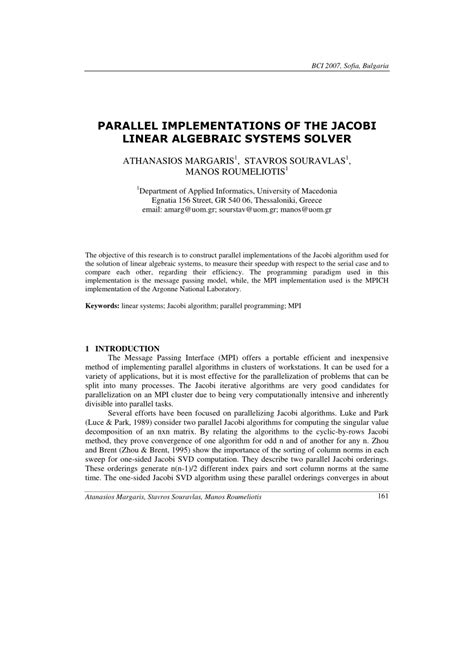 Pdf Parallel Implementations Of The Jacobi Linear Algebraic Systems Solver