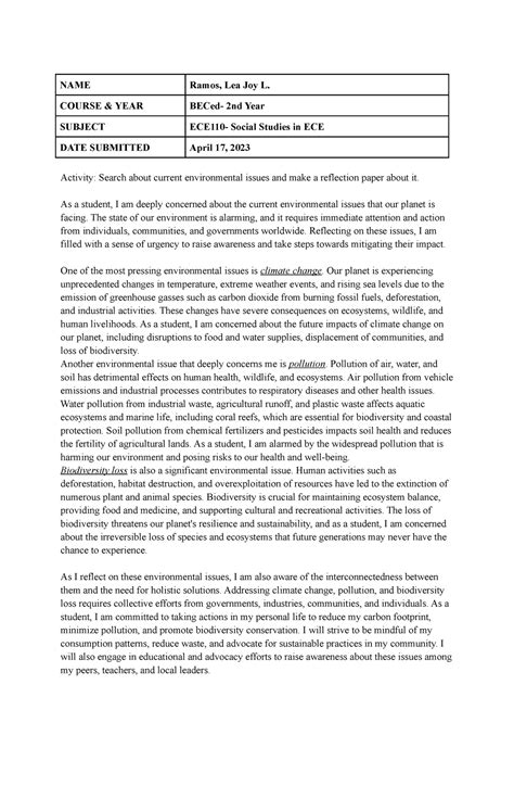 Ece 110 Reflection Environmental Issues Name Ramos Lea Joy L