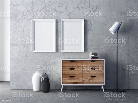 두 개의 수직 포스터 프레임 램프가있는 콘크리트 벽에 나무 가슴 위에 매달려있는 모형 0명에 대한 스톡 사진 및 기타 이미지 0명 3차원 형태 가구 Istock