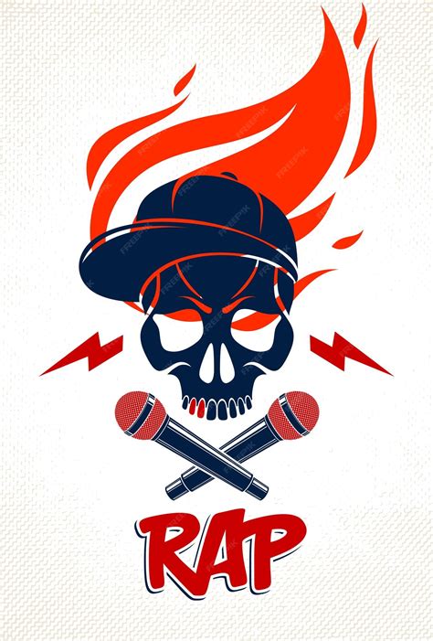 힙합 음악 벡터 로고 또는 레이블 사악한 두개골과 두 개의 마이크가 교차된 뼈 랩 라임 나이트 클럽 파티 축제 또는 콘서트