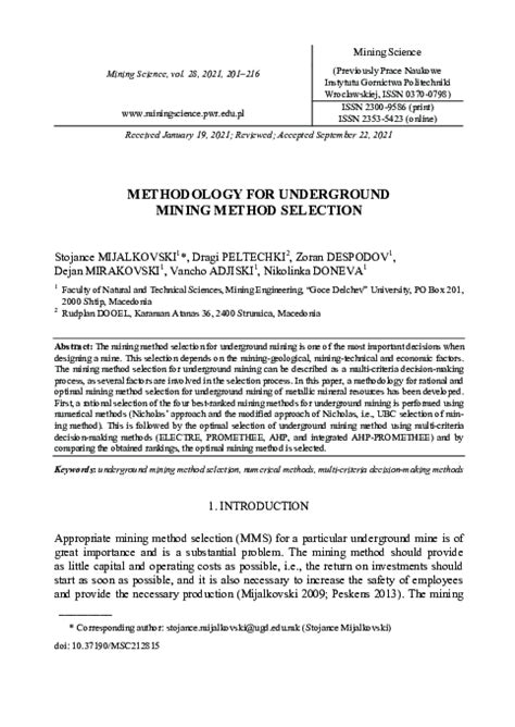 Pdf Methodology For Underground Mining Method Selection