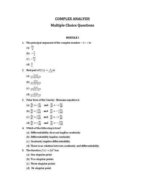 Mcq Complex Analysis Pdf Complex Analysis Power Series