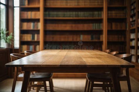 Wooden Table And Blurred Bookshelf In Library Room Back To School Concept Stock Illustration