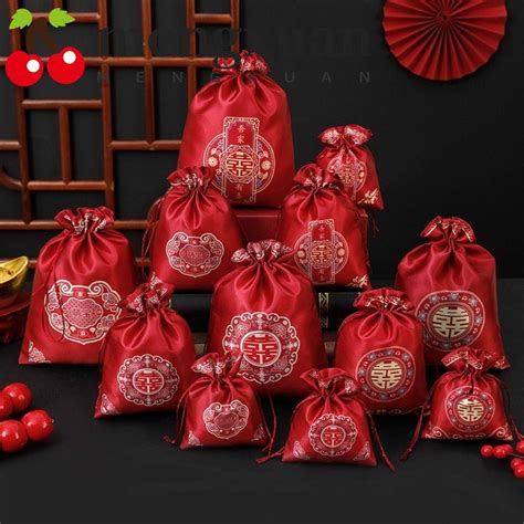 เหมิงซวน 10ชิ้น เชือกรูด ถุง ผ้าความจุขนาดใหญ่แต่งงานถุงขนม แฟชั่นนูนดอกไม้สไตล์จีนของขวัญบรรจุ