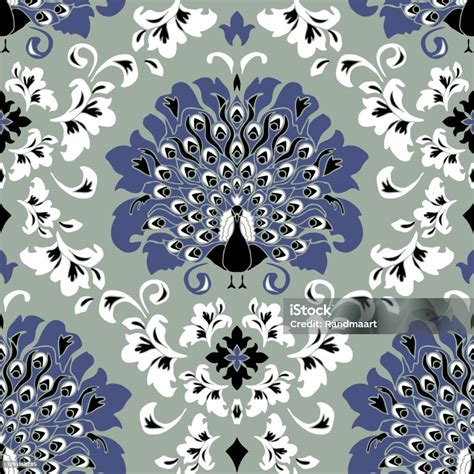 블루 배경에 빅토리아 스타일의 새와 원활한 벡터 패턴 공작과 낭만적 인 다마스크 벽지 장식 로코코 패션 직물 공작새에 대한 스톡 벡터 아트 및 기타 이미지 Istock