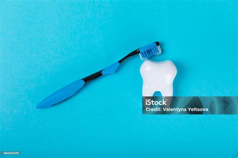 파란색 배경에 치아 모델입니다 구강 위생을위한 치과 도구 전기 치간 청소기 치과용 물 샤워 구강 관리 개념입니다 0명에 대한 스톡 사진 및 기타 이미지 Istock