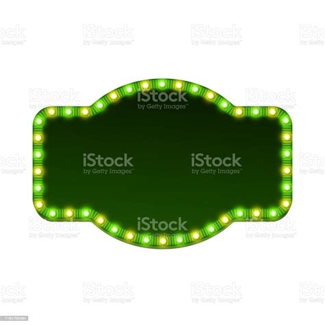 흰색 배경에 고립 된 빛나는 전구와 빈 3d 복고풍 빛 기호 노란색과 녹색 윤곽 표시등과 어두운 배경녹색 거리 간판 광고 프레임 다채로운 벡터 일러스트 표지판에 대한 스톡