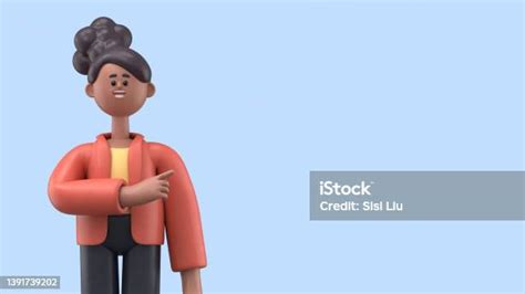 웃는 아프리카 계 미국인 여성 코코가 광고를위한 빈 복사 공간을 손가락으로 가리키며 길을 보여주는 3d 그림 최소한의 스타일 파란색 배경에 3d 렌더링 Staff