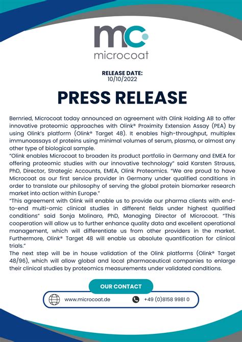 Microcoat Announces Agreement With Olink To Offer Innovative Proteomic Approaches With Olink Microcoat Announces Agreement With Olink To Offer Innovative Proteomic Approaches With Olink
