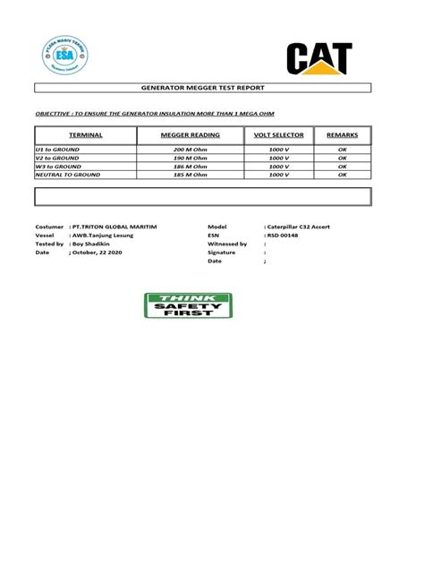 Generator Megger Test Report Terminal Megger Reading Volt Selector