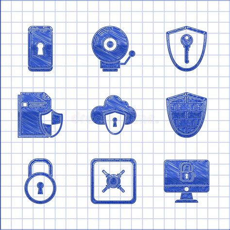 Set Cloud And Shield Safe Lock On Computer Monitor Screen Shield