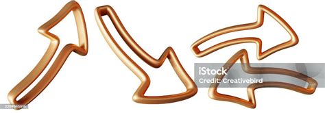 입체적인 형태로 디자인된 4개의 황금 화살표 세트 각 화살표는 모양과 방향이 다르며 흰색 배경에 광택이 나는 모양을 보여줍니다 3d 화살표 잘라내기 0명에 대한 스톡 사진