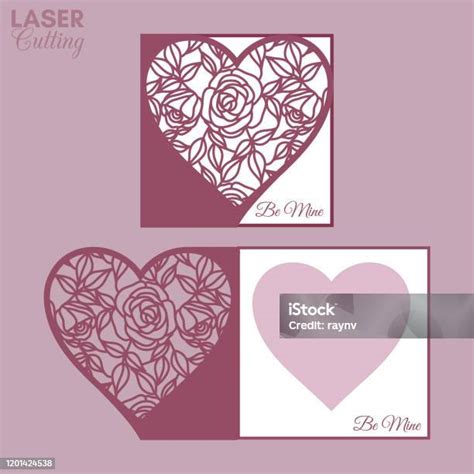 브로셔 결혼식 초대장 또는 발렌타인 데이 인사말 카드에 대한 장미와 잎 패턴 하트 접이식 카드의 레이저 컷 템플릿 결혼식에 대한 스톡 벡터 아트 및 기타 이미지 Istock