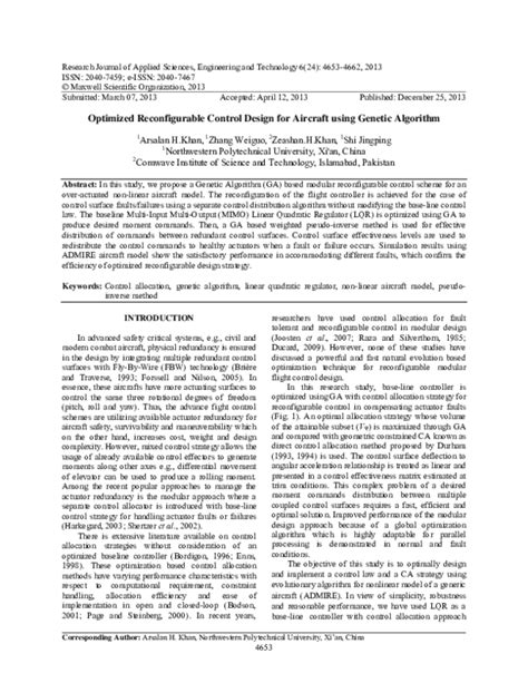 Pdf Optimized Reconfigurable Control Design For Aircraft Using Genetic Algorithm