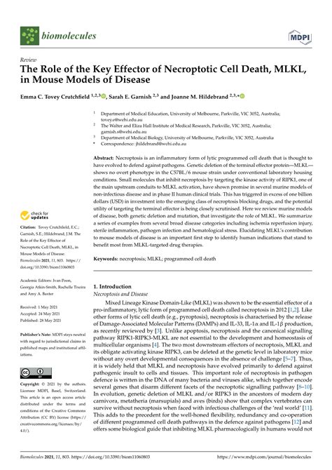 The Role Of The Key Effector Of Necroptotic Cell Death Mlkl In Mouse Models Of Disease Docslib