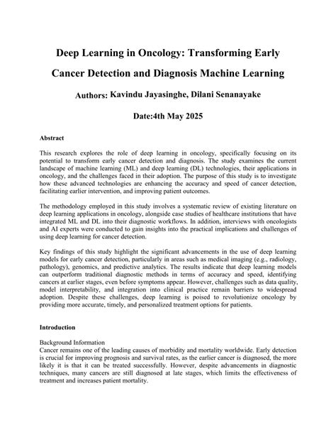 Pdf Deep Learning In Oncology Transforming Early Cancer Detection And Diagnosis Machine Learning