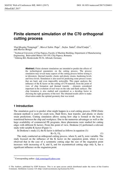Pdf Finite Element Simulation Of The C70 Orthogonal Cutting Process