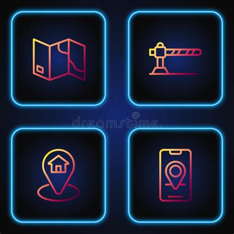 Set Line City Map Navigation Location With House Folded And Parking Car Barrier Gradient