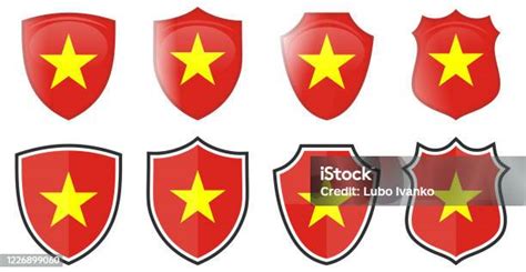 방패 모양의 수직 베트남 국기 네 개의 3d 및 간단한 버전 베트남어 아이콘 기호 0명에 대한 스톡 벡터 아트 및 기타 이미지