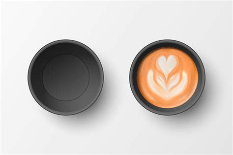 벡터 3d 현실적인 종이 검은 일회용 빈 우유 커피 거품 꽃 심장 패턴 컵 세트 격리 라떼 카푸치노 스톡 벡터 일러스트레이션