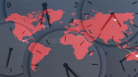 World Map With Clock Faces Showing Different Time Zones In Animation Style Stock Footage Video