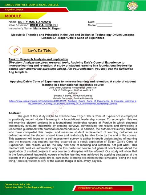 1st Sem 2021 2022 Module 5 Lesson 1 Task 1 Pdf Learning Experience