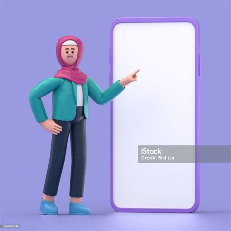 웃고 있는 아랍 여성 갈리야가 빈 휴대폰 모형을 밀고 파란색 배경에 렌더링하는 3d 그림3d 3차원 형태에 대한 스톡 사진 및 기타 이미지 Istock