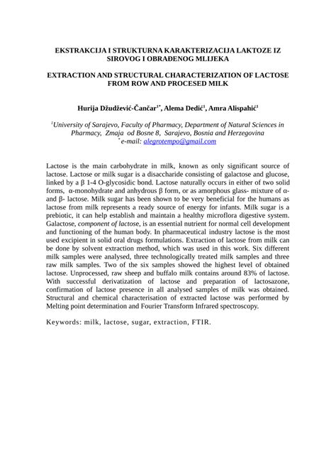 Pdf Extraction And Structural Characterization Of Lactose From Row And Procesed Milk