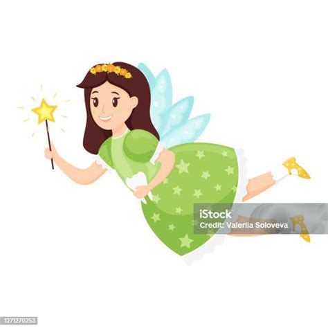 이빨 요정 마법의 지팡이와 날개에 비행 그녀의 손에 이빨공주 드레스에 귀여운 만화 캐릭터는 웃고있다 흰색 배경에서 격리된 어린이를 위한 벡터 그림입니다 플랫 스타일 이빨