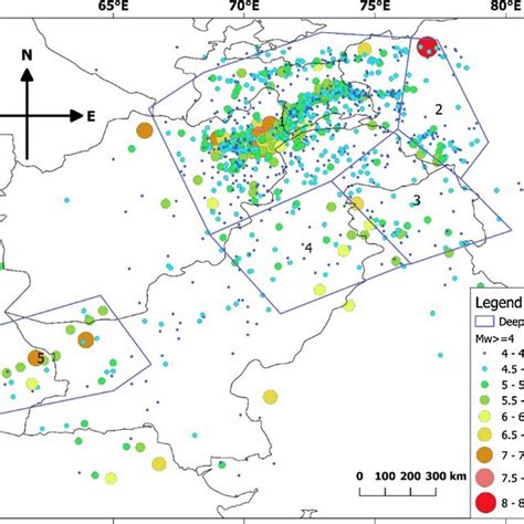 Five Deep Seismic Source Zones Shown By The Blue Polygons These Are