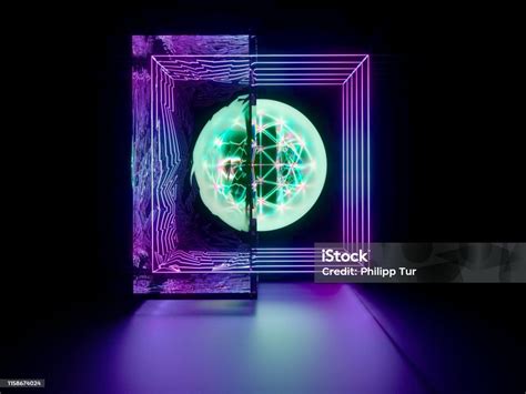 보라색 입방 와이어 모양과 그것의 절반 큰 유리 큐브 내부 원자 구조밝은 녹색 컬러 유리 공에 빛나는 추상적 인 구성의 3d