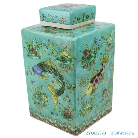 Chinese Kylin Design Qing Dynasty Green Red Dragon Square Jar ...