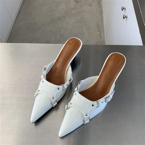 리벳 하이힐 구두 여성 슬리퍼 슬라이드 뾰족코 낮은 2022 커버 로마 베이직 Pu 패브릭 스캔들 발굽 커버 토 Fem Aliexpress