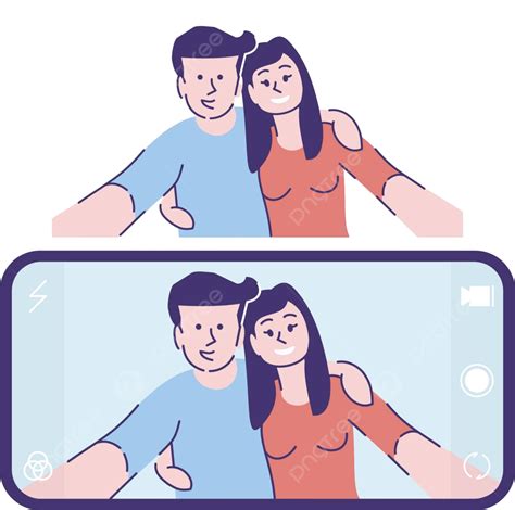 Romantic Couple Taking A Selfie In Cartoon Style Vector Self