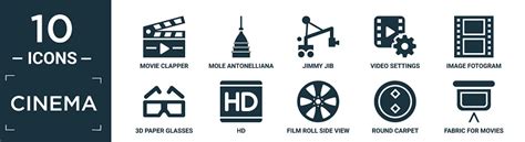 채워진 시네마 아이콘 세트입니다 플랫 영화 클래퍼 토리노의 두더지 안토넬리아나 지미 지브 비디오 설정 이미지 사진 3d 종이 안경 Hd 필름 롤 측면도 라운드 카펫 영화용