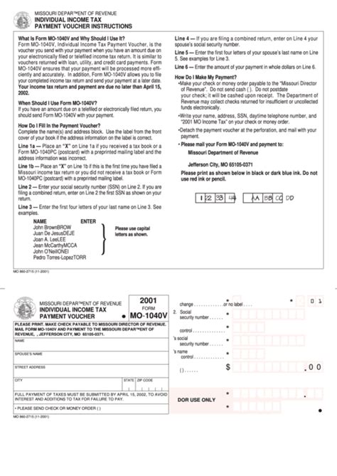 Form Mo 1040v Individual Income Tax Payment Voucher 2001 Printable